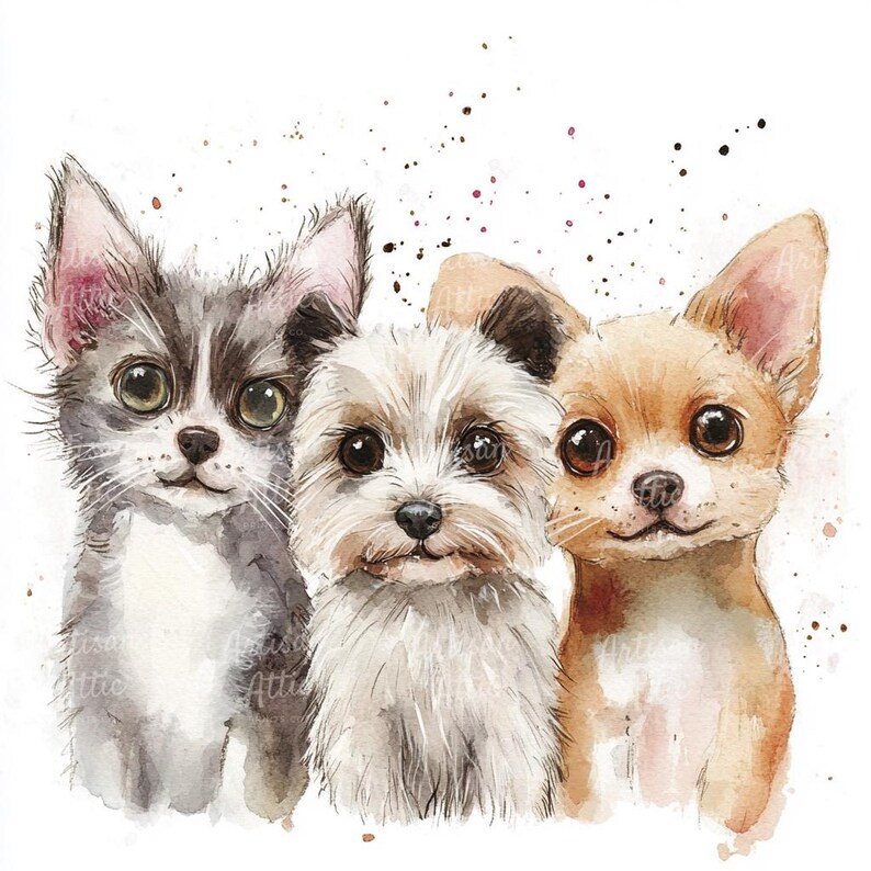 15 Cute Watercolor Kitten and Puppy Clipart, Hand-painted Pet ...