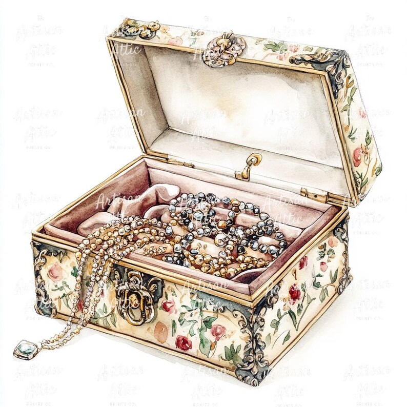 15 Antique Jewelry Box Watercolor Clipart – Vintage Trinket Chest With ...