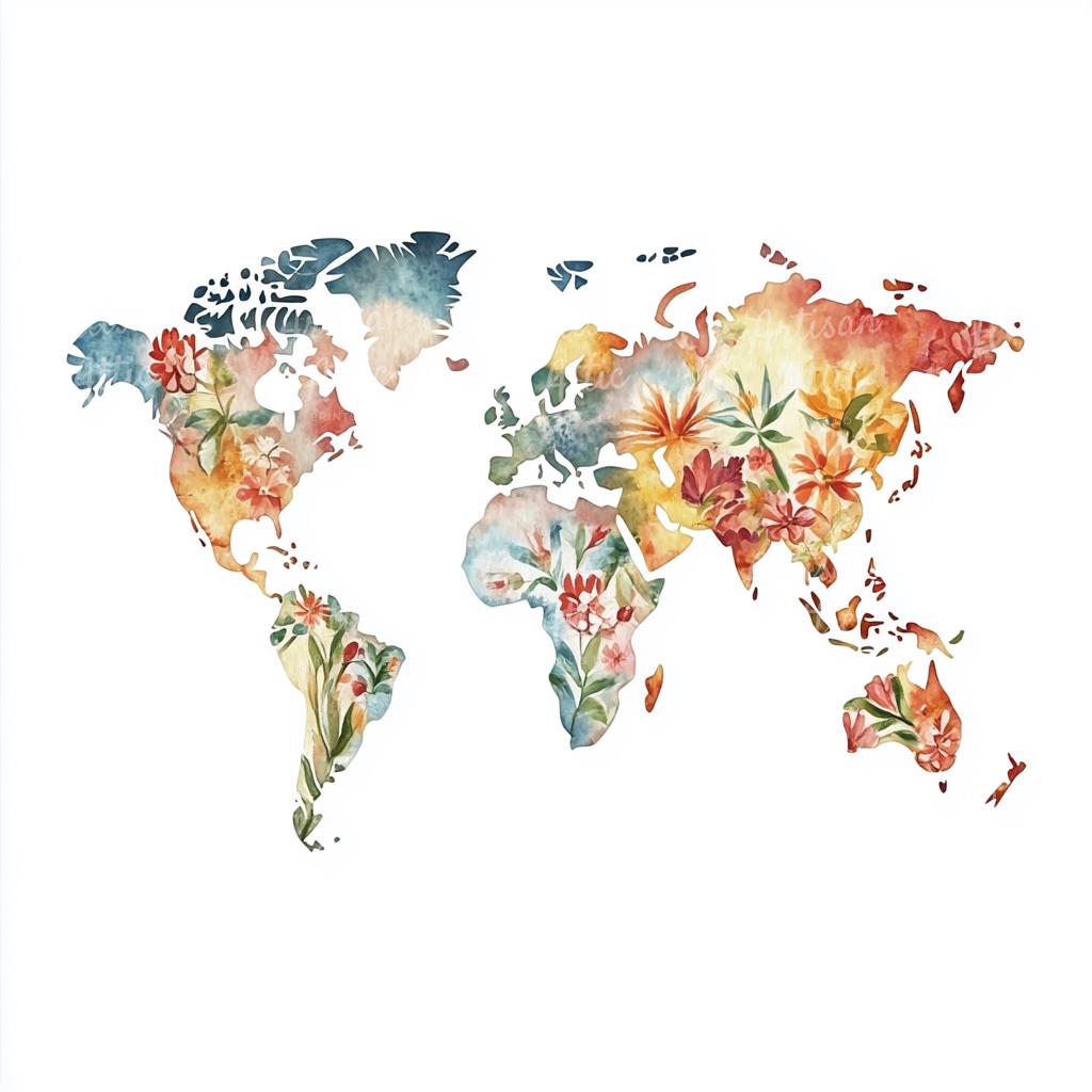 12 Watercolor World Map Clipart | Floral World Map Digital Download ...