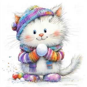 Rainbow Cat Snowball Fight Watercolor Clipart, Whimsical Winter Pet ...