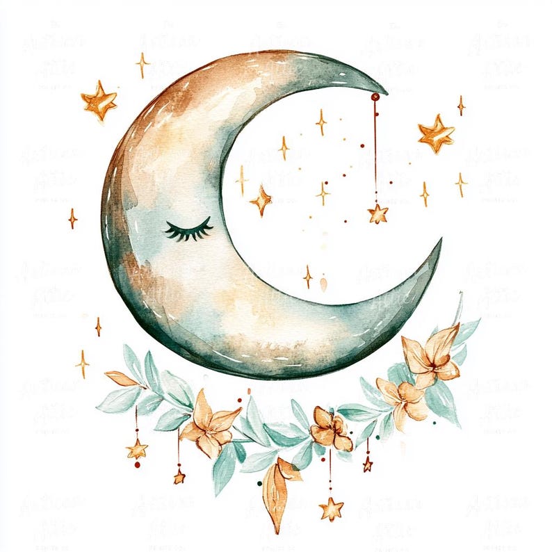 12 Boho Moon and Stars Clipart | Watercolor Moon With Golden Stars ...