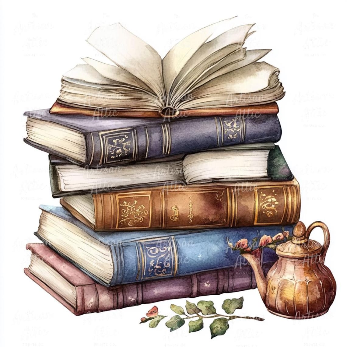 12 Watercolor Magic Books Clipart, Stack of Antique Books, Enchanted ...