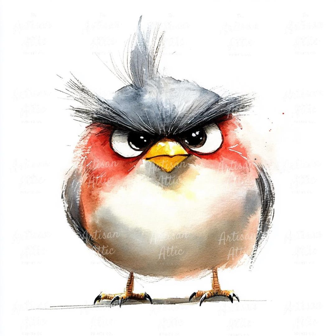 12 Grumpy Cartoon Bird Watercolor Painting – Angry Expressive Avian Art ...