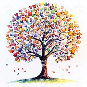 10 Colorful Love Tree Watercolor Clipart With Rainbow Leaves and Hearts ...