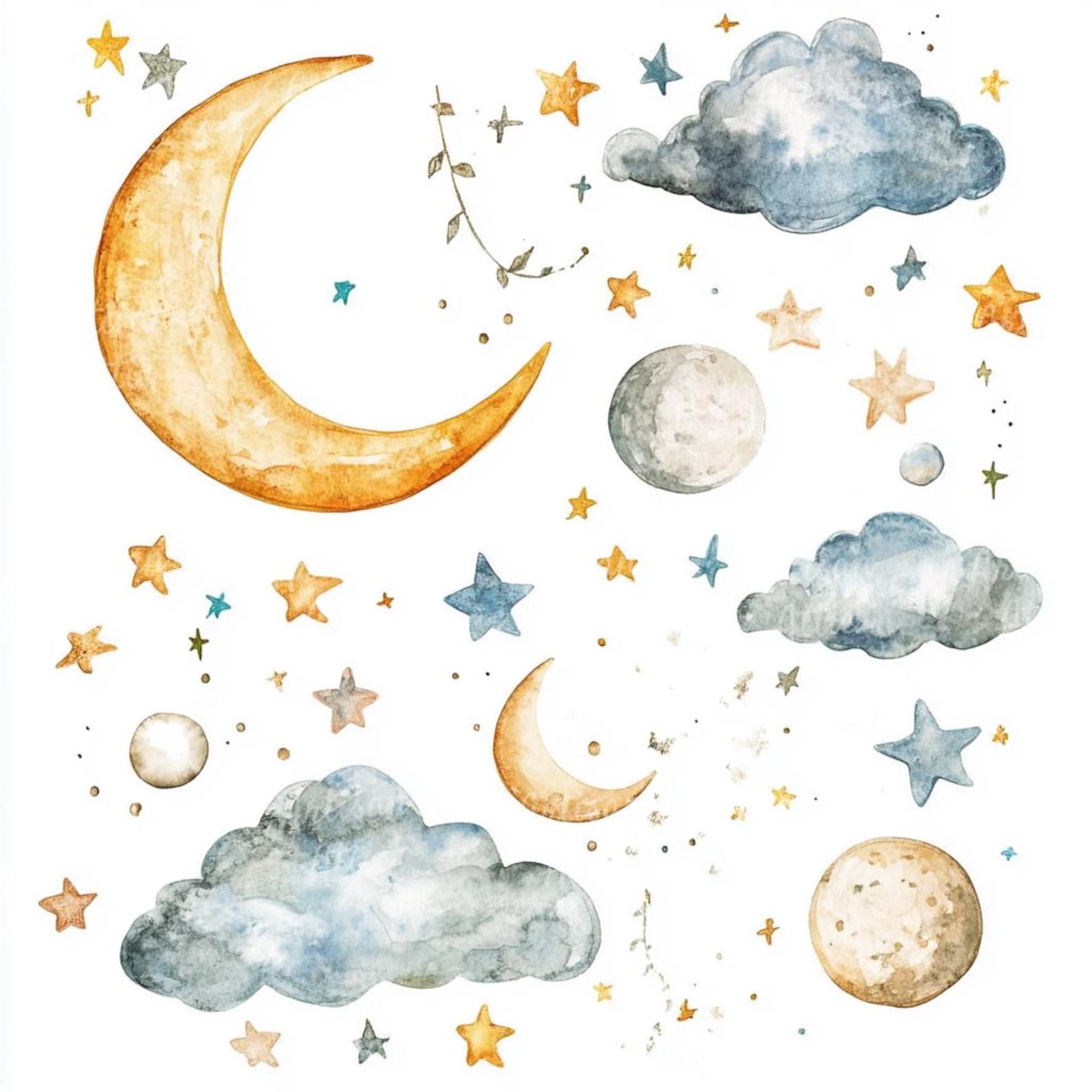 12 Watercolor Night Sky Clipart | Moon and Stars | Clouds and Sun ...