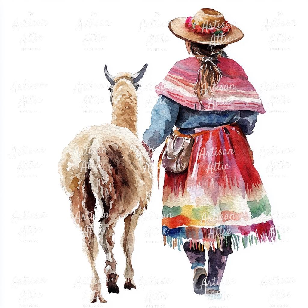 Peruvian Girl and Llama Watercolor Clipart – Andean Folk Art (digital ...