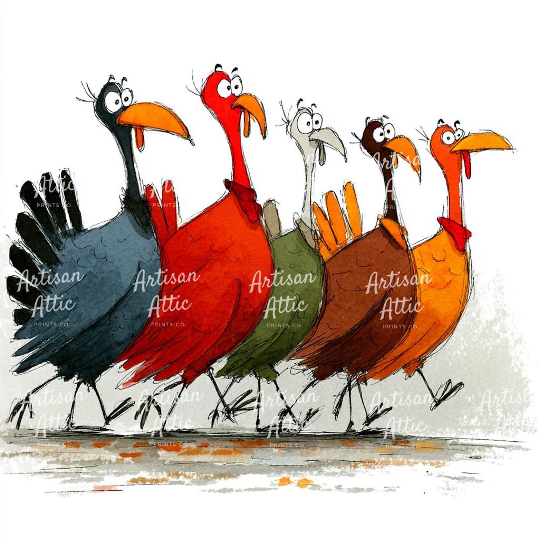 13 Clipart Images of Quirky Colorful Turkeys Walking Together ...