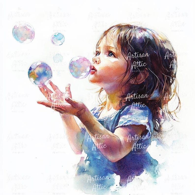 10 Watercolor of Happy Little Girl Blowing Soap Bubbles With Joyful ...