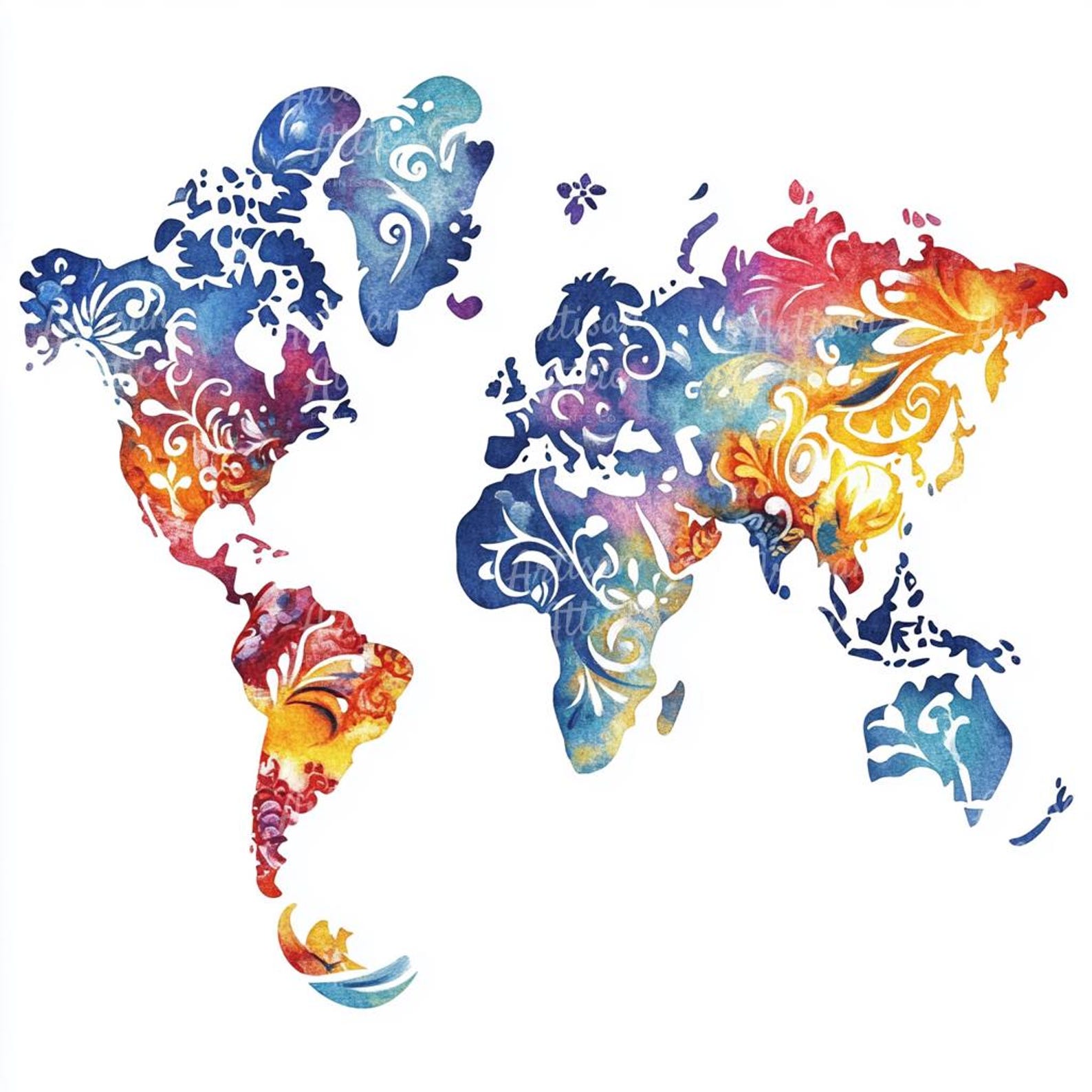 12 Watercolor World Map Clipart | Floral World Map Digital Download ...