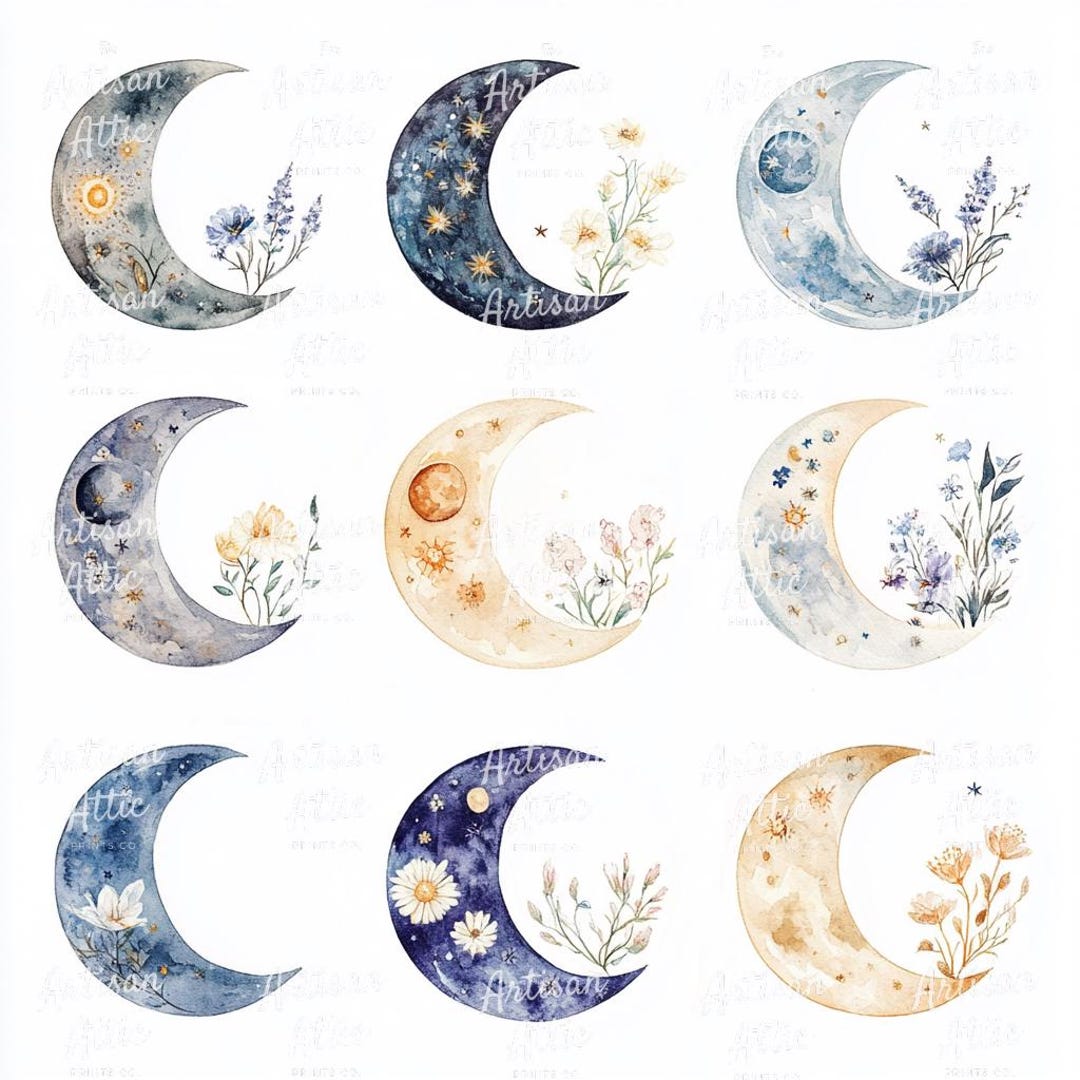 14 Watercolor Moon Phases Clipart With Floral Accents for Digital ...