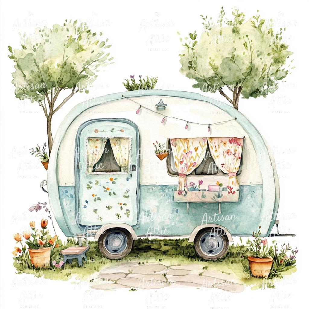 Vintage Caravan Watercolor Clipart, Boho Floral Camper (JPG) - Etsy