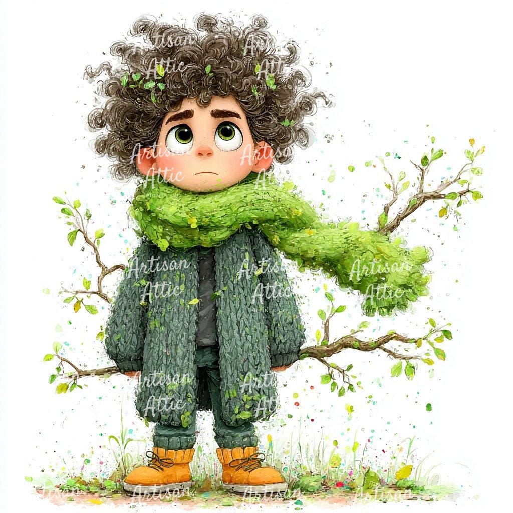 13 Whimsical Boy in Green Scarf Holding Leafy Branch Watercolor Art ...