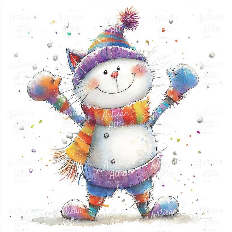 Rainbow Cat Snowball Fight Watercolor Clipart, Whimsical Winter Pet ...