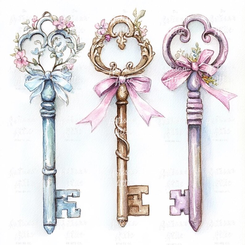 12 Vintage Floral Skeleton Key Clipart – Ornate Watercolor Keys With ...