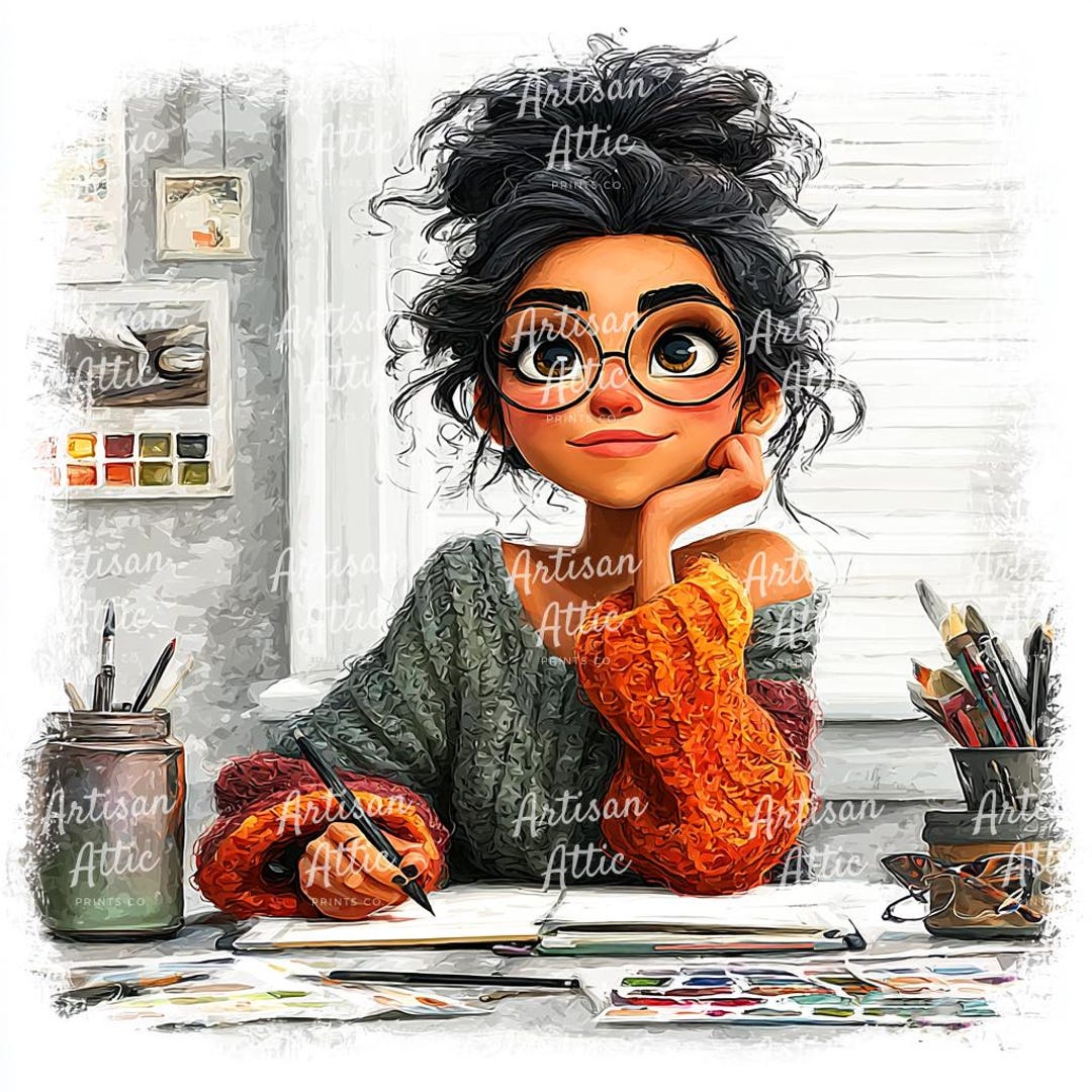 10 Watercolor Picture of Artsy Girl Writing at Desk in Cozy Sweater ...