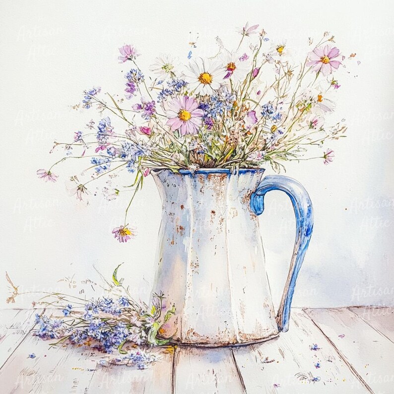 11 Watercolor Floral Pitcher Clipart, Vintage Flower Jug Clipart ...