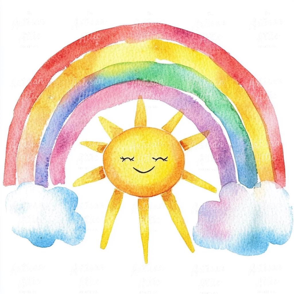 12 Watercolor Sun and Rainbow Clipart, Cute Rainbow Illustration, Happy ...