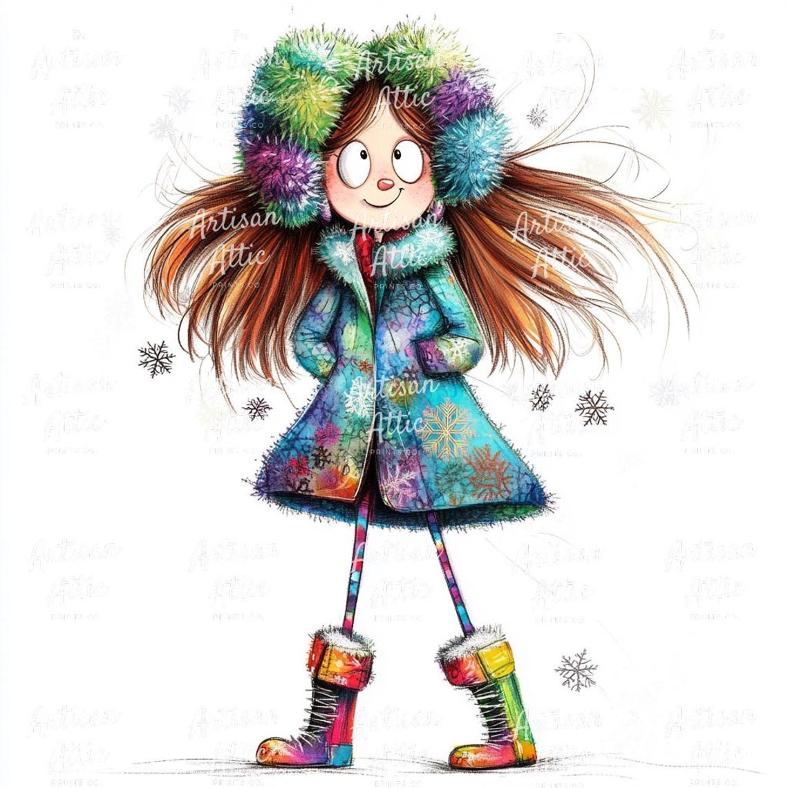 9 Quirky Winter Girl Watercolor Clipart | Rainbow Coat & Earmuffs With ...
