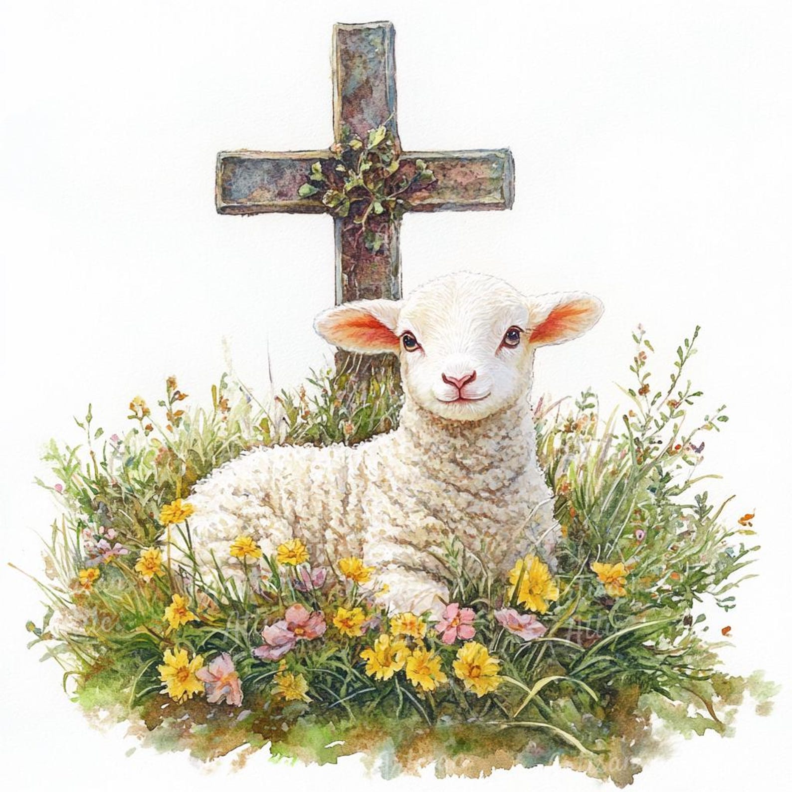 11 Watercolor Lamb With Cross Clipart, Easter Spring Flowers, Digital ...