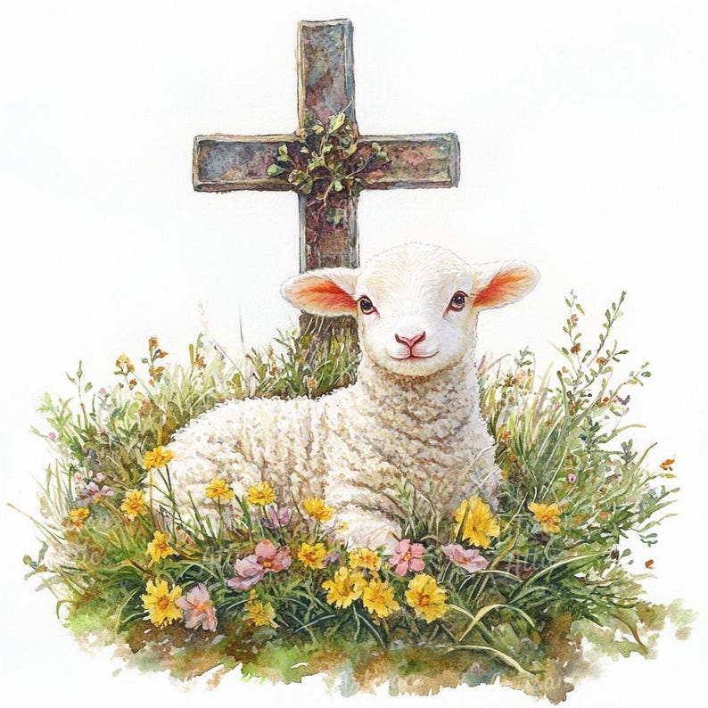 11 Watercolor Lamb With Cross Clipart, Easter Spring Flowers, Digital ...