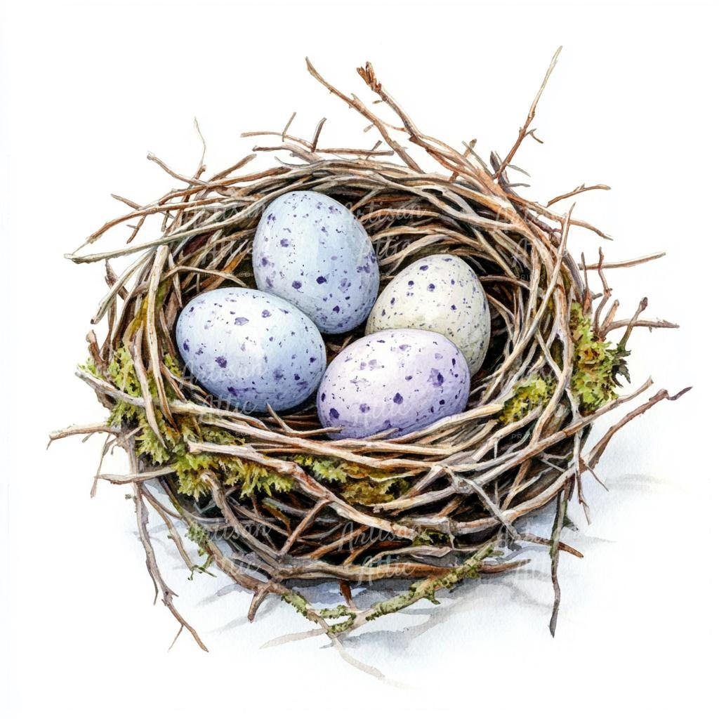11 Watercolor Nest With Eggs Clipart, Bird's Nest With Three Eggs ...