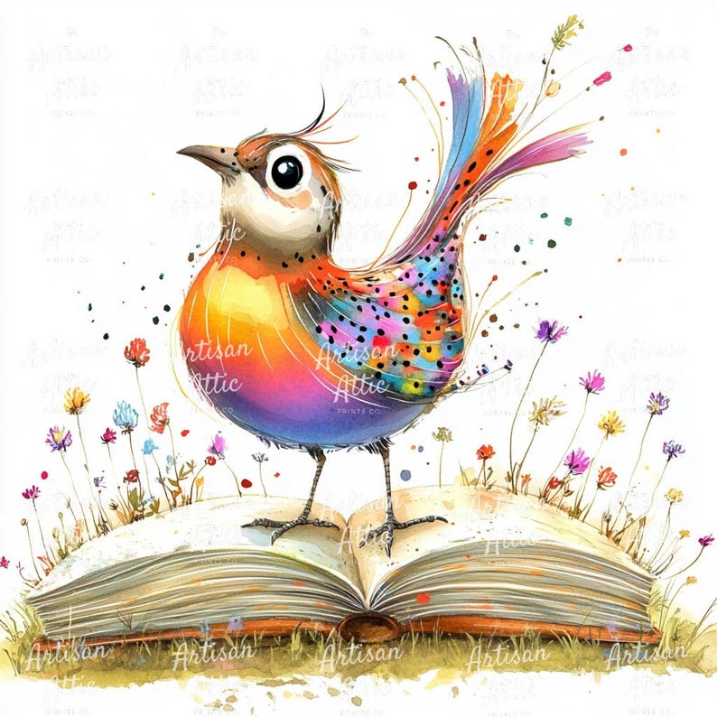 17 Quail on Open Book Watercolor Clipart, Colorful Bird Digital Art for ...
