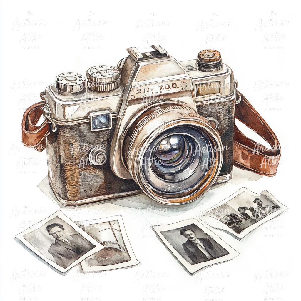 12 Vintage Watercolor Camera and Retro Photo Prints Clipart for Digital ...