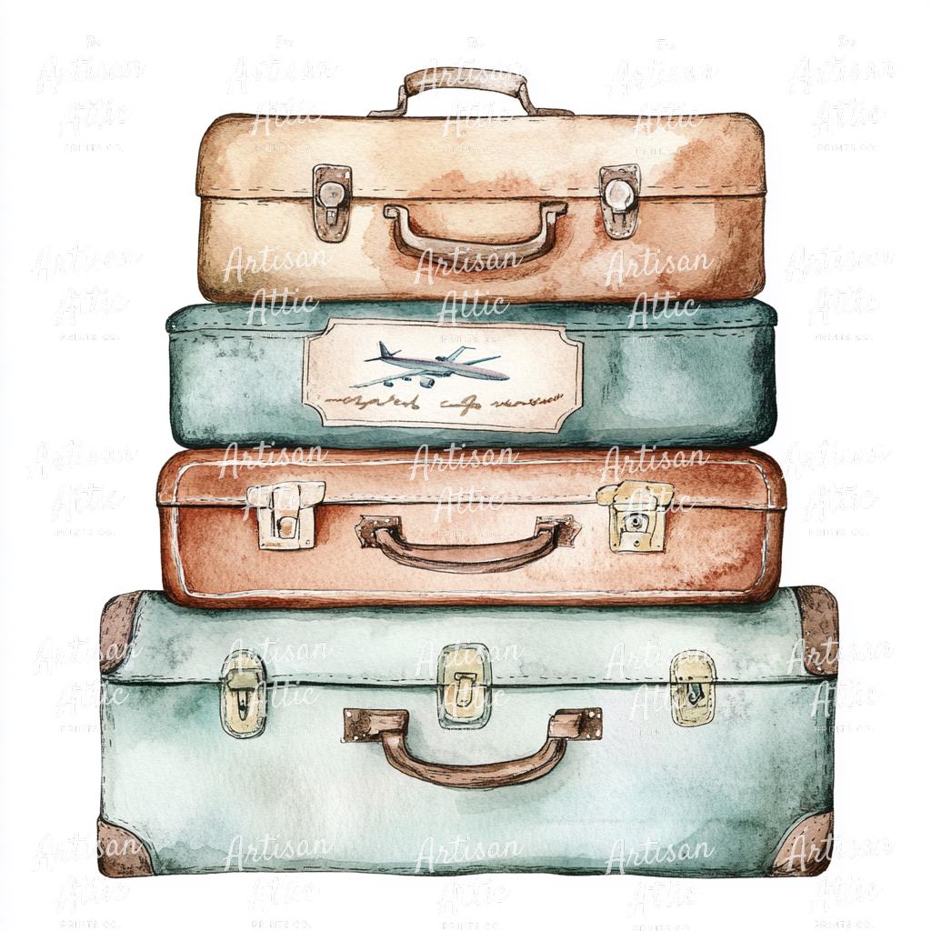 14 Watercolor Stack of Vintage Suitcases in Warm Retro Tones – Quirky ...