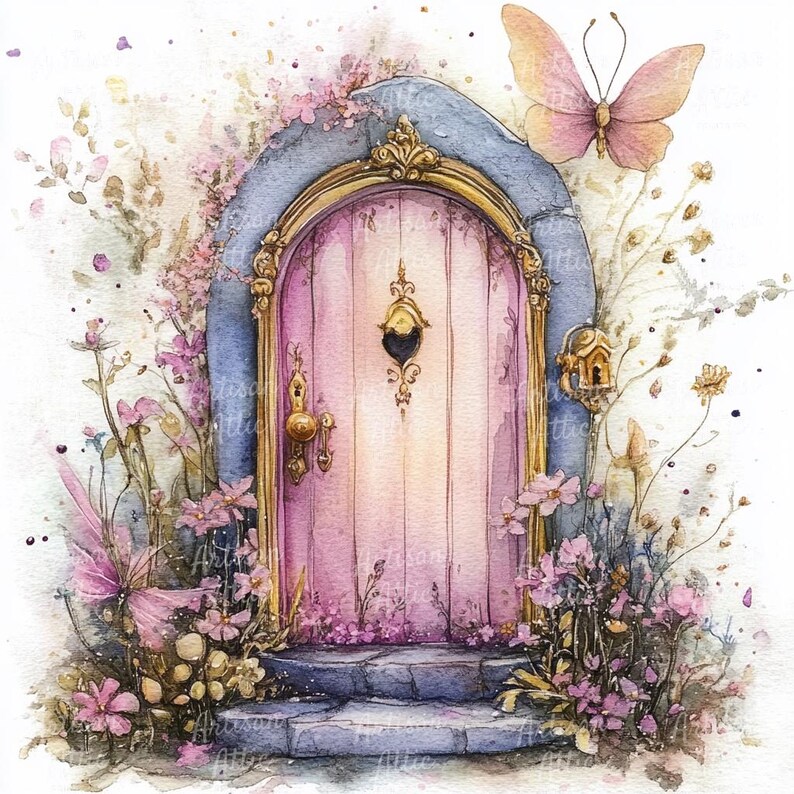 12 Watercolor Fairy Door Clipart, Fantasy Flower Door With Butterflies ...