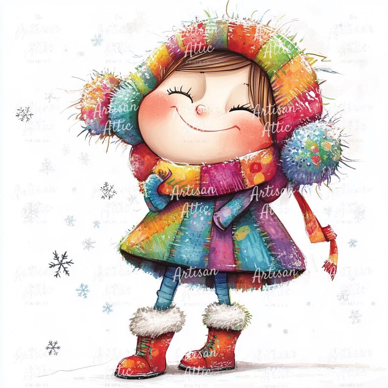 9 Quirky Winter Girl Watercolor Clipart | Rainbow Coat & Earmuffs With ...