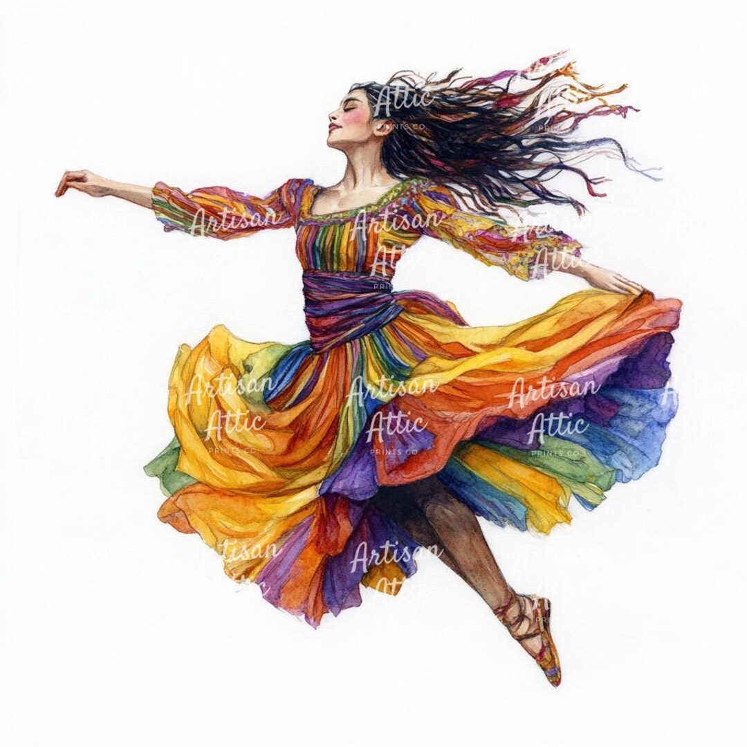 10 Watercolor Young Mexican Dancer Mid Spin Folklorico Dress Art ...
