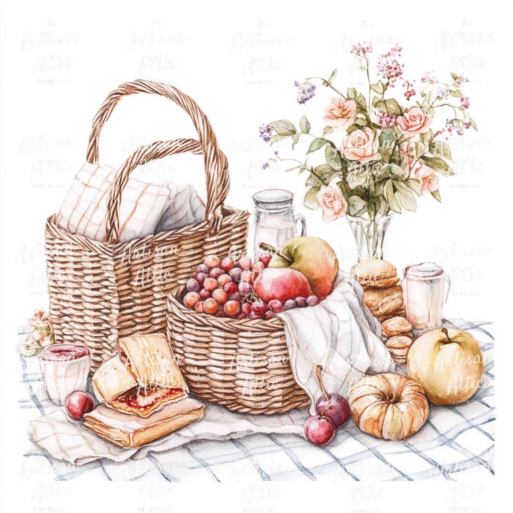 14 Watercolor Picnic Basket Clipart, Rustic Still Life With Fruit ...