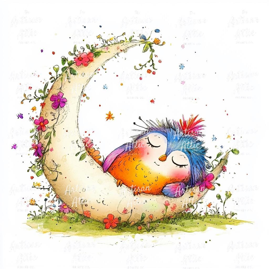 11 Sleepy Songbird on Crescent Moon Watercolor Clipart, Dreamy Bird ...