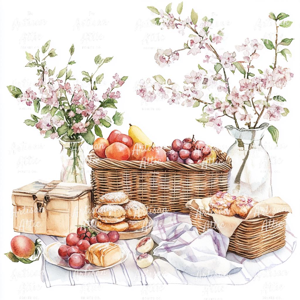 14 Watercolor Picnic Basket Clipart, Rustic Still Life With Fruit ...