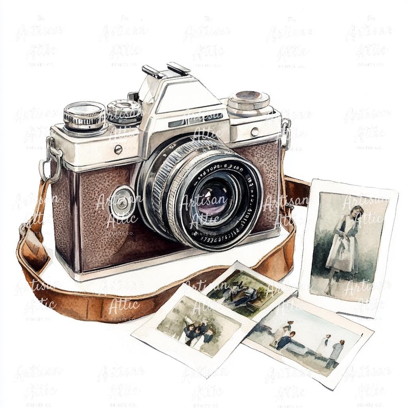 12 Vintage Watercolor Camera and Retro Photo Prints Clipart for Digital ...
