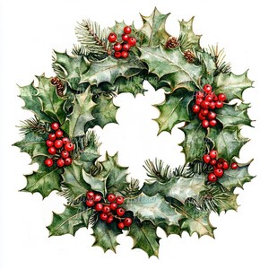 12 Watercolor Holly Wreath Clip Art for Christmas, Holiday Crafts, DIY ...