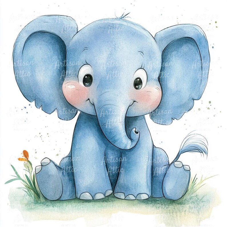12 Cute Cartoon Elephant Clipart, Watercolor Elephant Clip Art, Baby ...