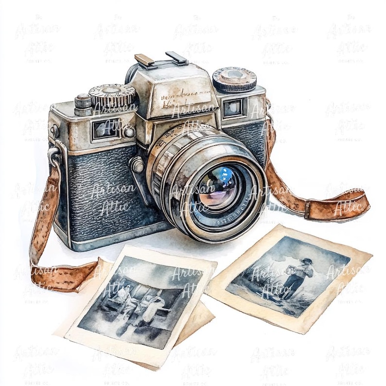 12 Vintage Watercolor Camera and Retro Photo Prints Clipart for Digital ...