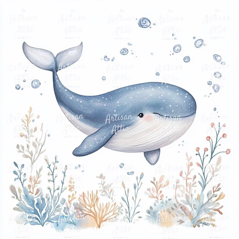8 Watercolor Blue Whale Clip Art With Coral & Bubbles for Digital ...