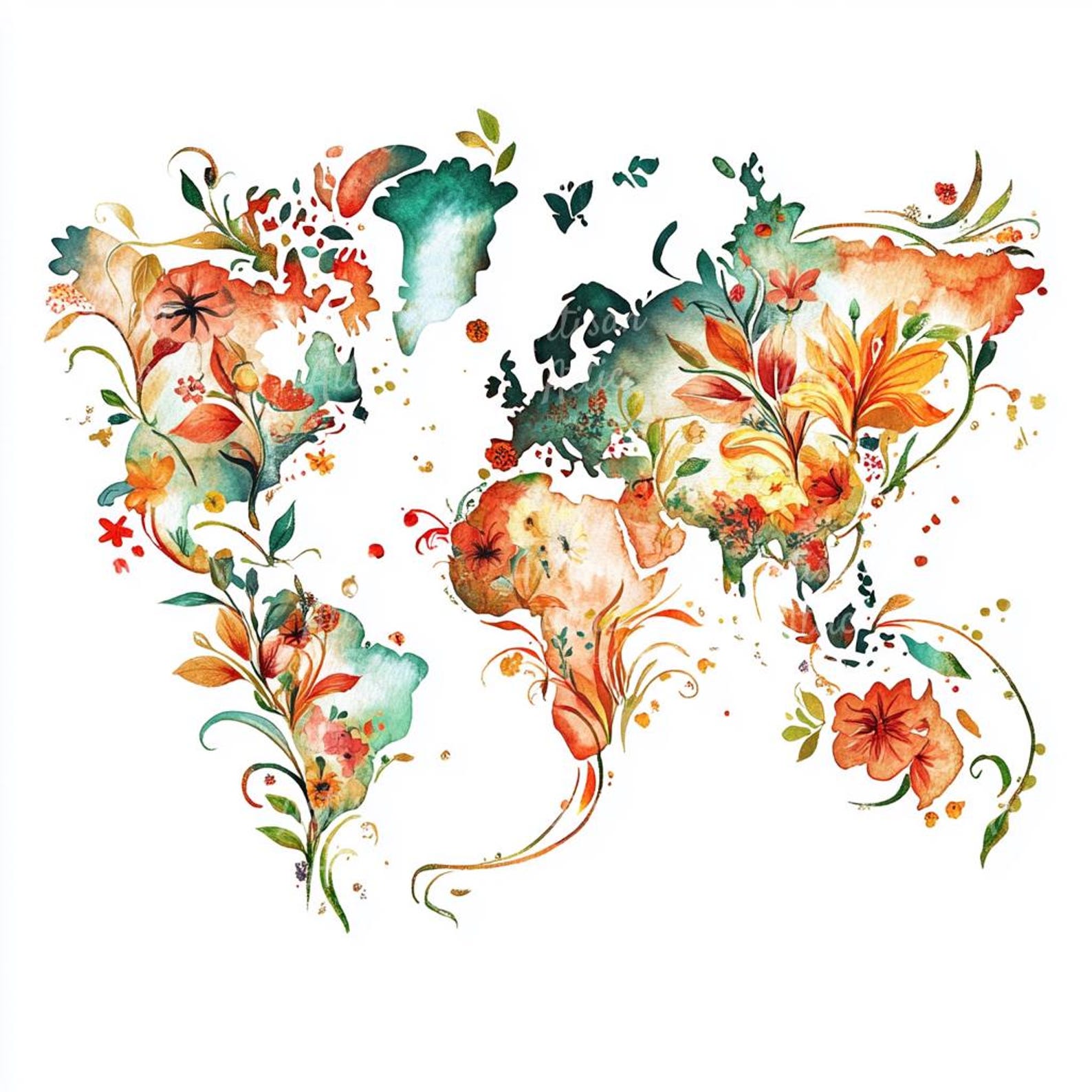 12 Watercolor World Map Clipart | Floral World Map Digital Download ...