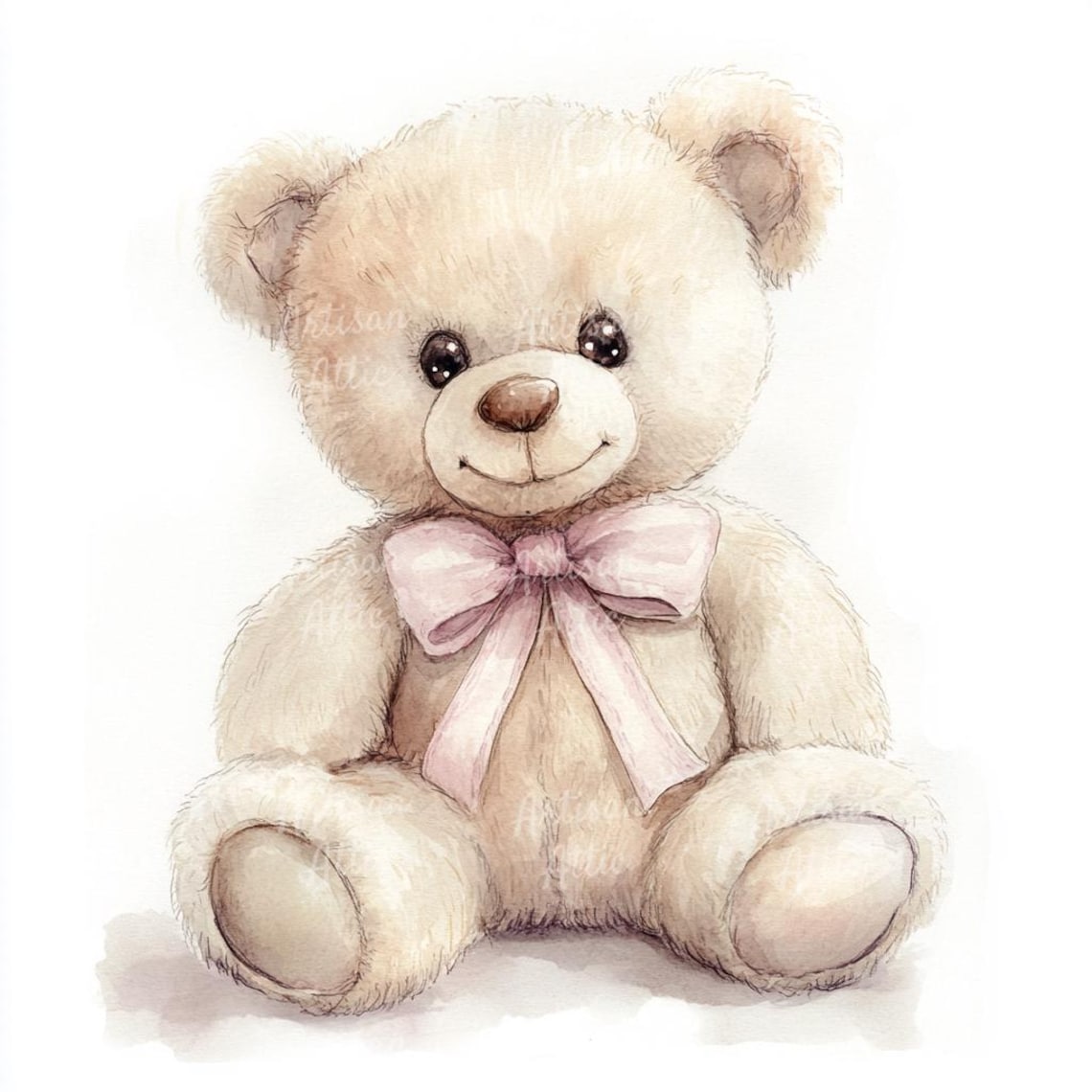 12 Watercolor Teddy Bear Clipart, Cute Bear With Pink Bow, Digital ...