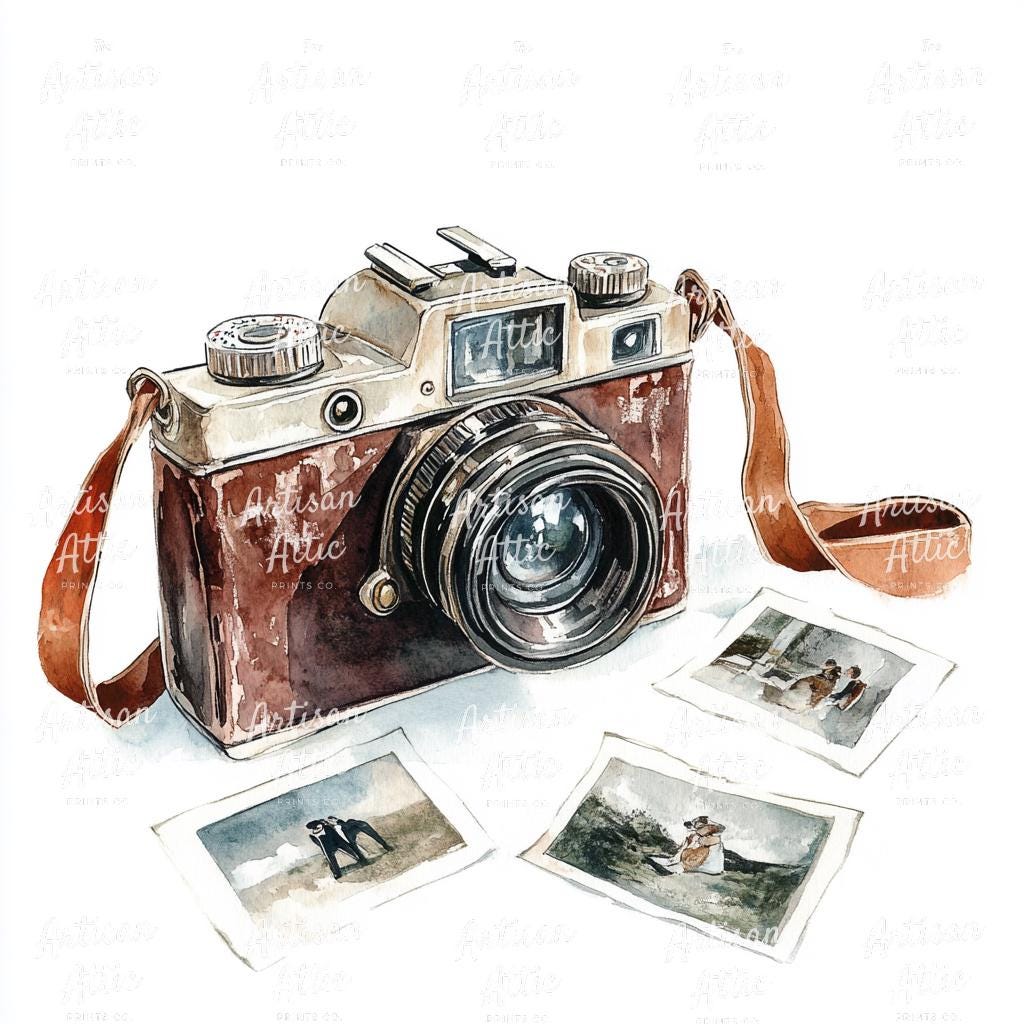 12 Vintage Watercolor Camera and Retro Photo Prints Clipart for Digital ...