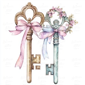 12 Vintage Floral Skeleton Key Clipart – Ornate Watercolor Keys With ...
