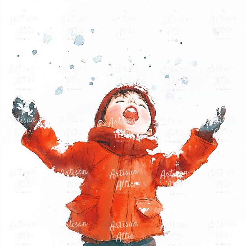 Watercolor Boy Winter Clipart: Catching Snowflakes, Festive Card Image ...
