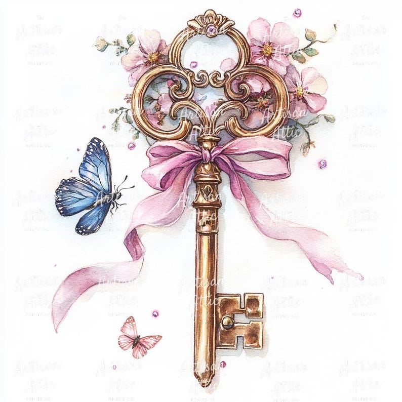 11 Vintage Skeleton Key With Purple Ribbon Watercolor Printable Art ...