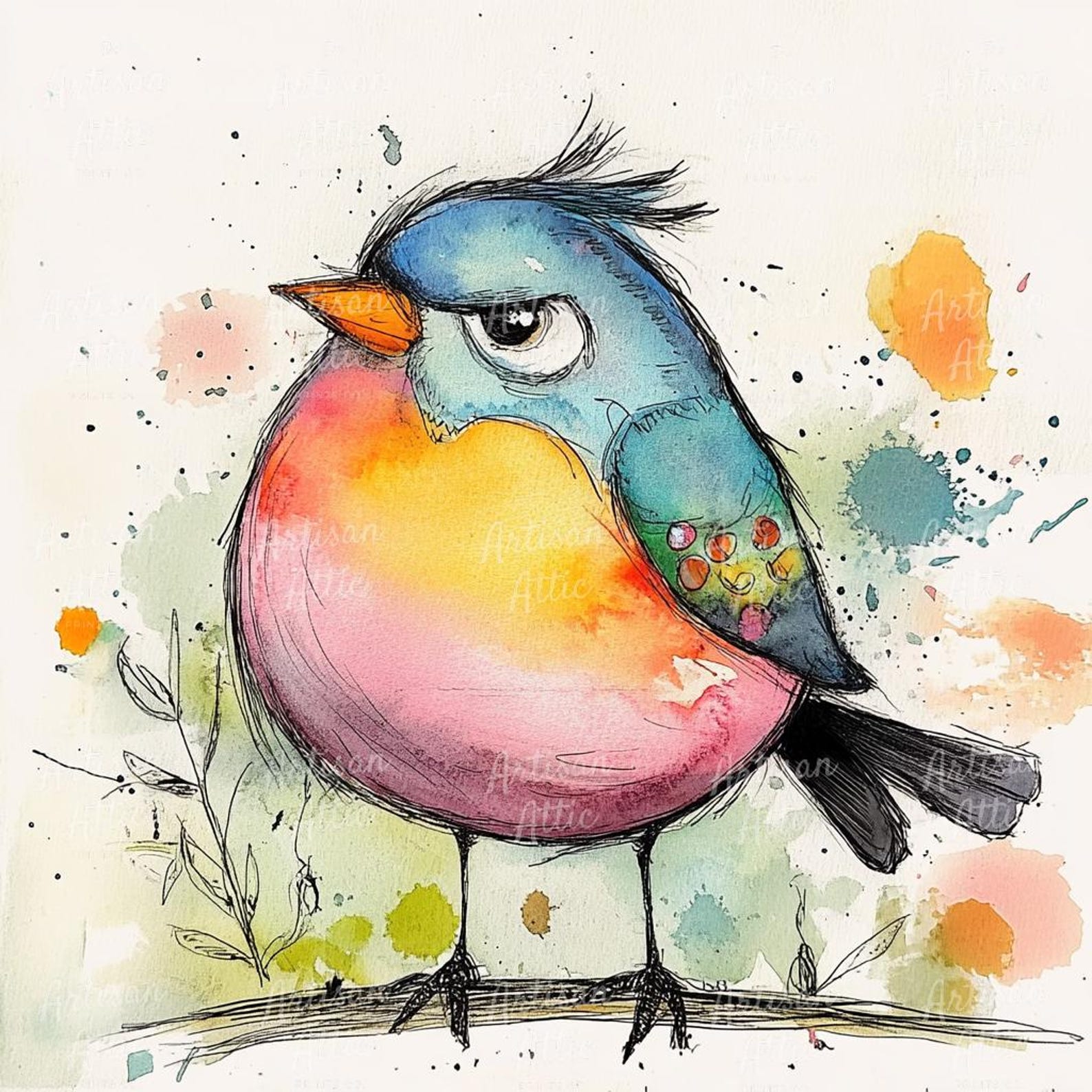 12 Colorful Whimsical Bird Watercolor Clip Art Digital Download | Fun ...