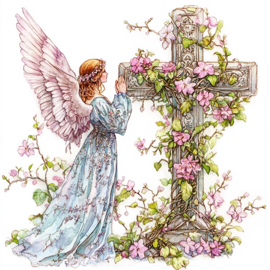 17 Watercolor Angel Clipart, Praying Angel With Cross and Flowers ...