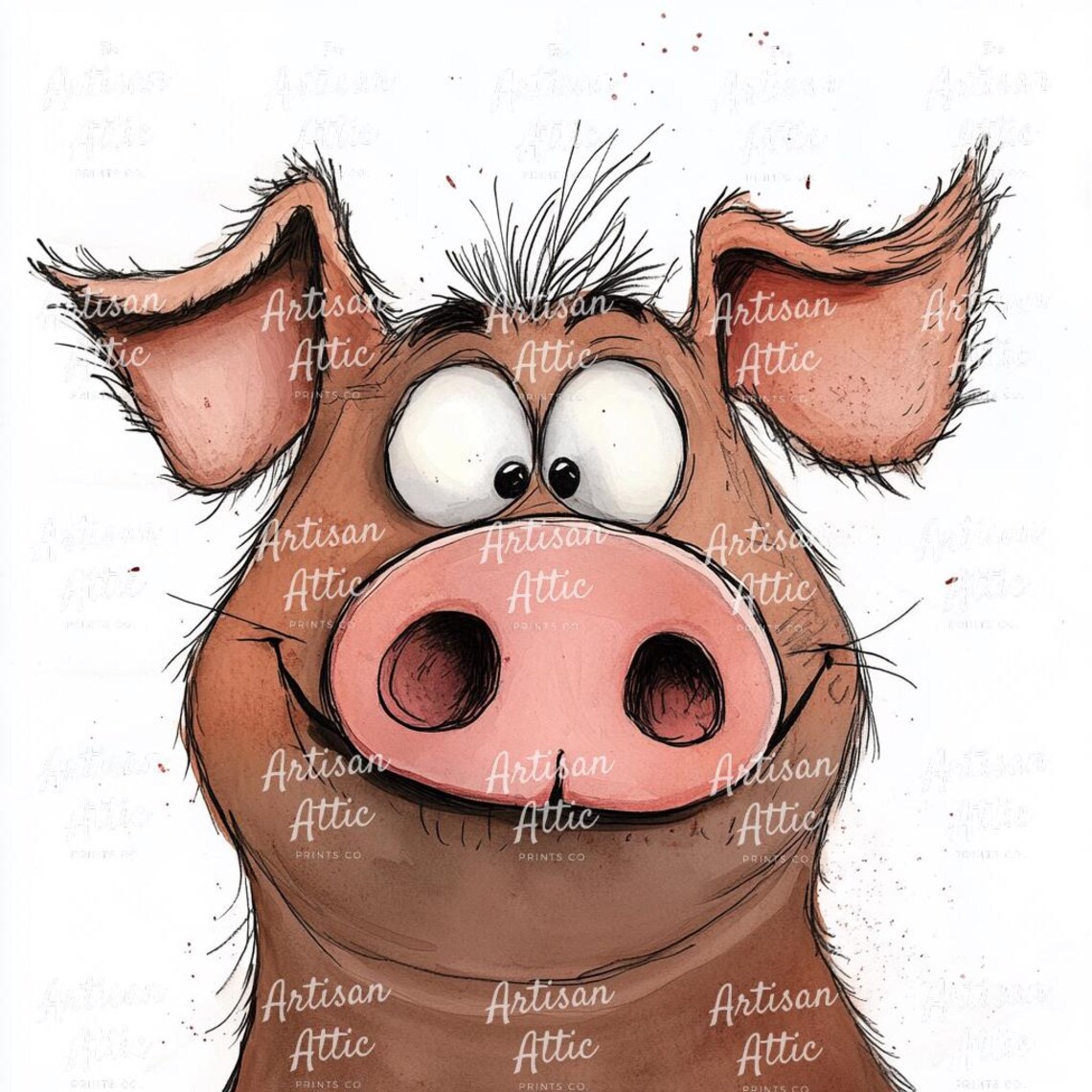 11 Quirky Watercolor Pig With Goofy Eyes and Floppy Ears, Pink Snout ...