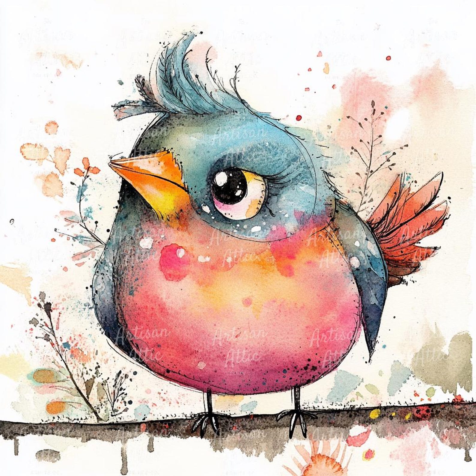 12 Colorful Whimsical Bird Watercolor Clip Art Digital Download | Fun ...