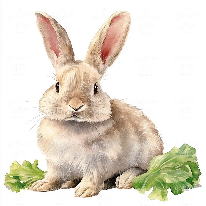 12 Fluffy Bunny Watercolor Clipart, Cute Rabbit With Lettuce, Digital ...